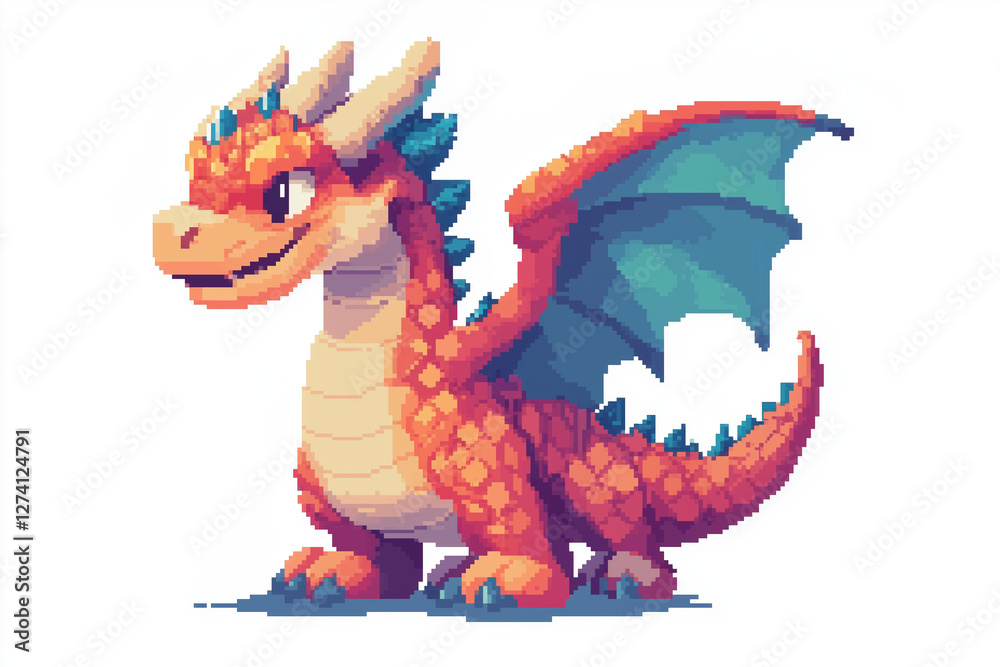 8-bit pixel art dragon character isolated white background, retro ...