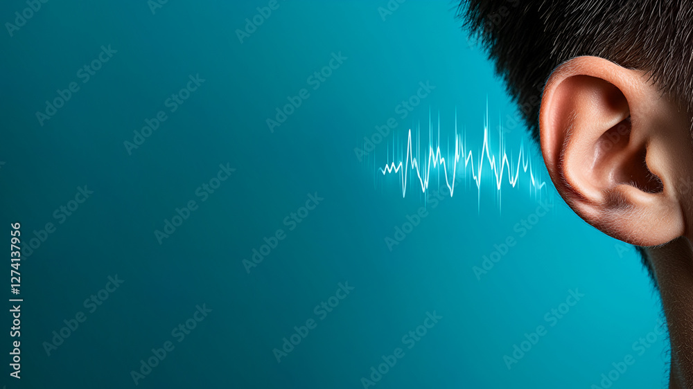 Human ear with sound wave on teal background illustrating hearing ...