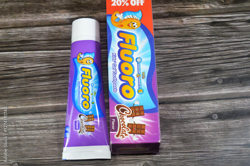 Cairo, Egypt, February 5 2025: Fluoro Kids' gel toothpaste with ...