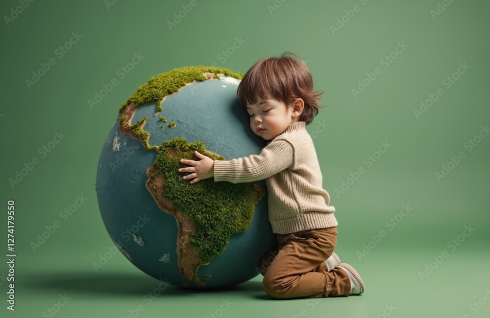 Little child hugs planet Earth model with green continents. Toddler ...