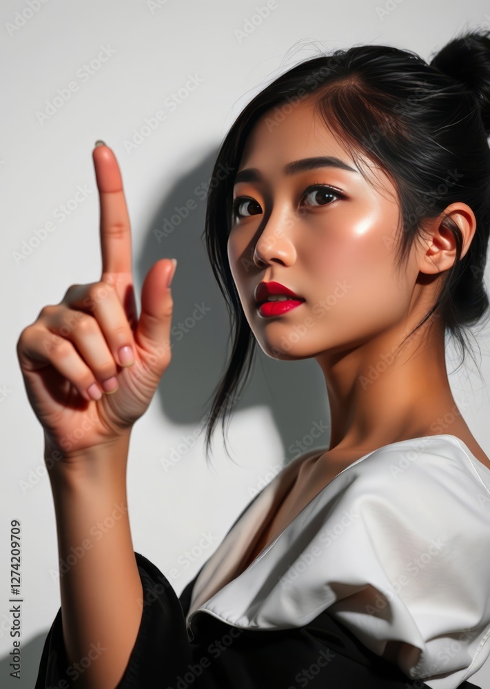 Beautiful young south east asian chinese woman pointing finger up on ...