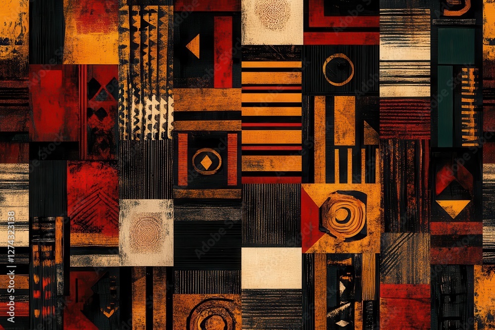 african textile-inspired digital pattern with adinkra symbols, rich earth tones, geometric ...