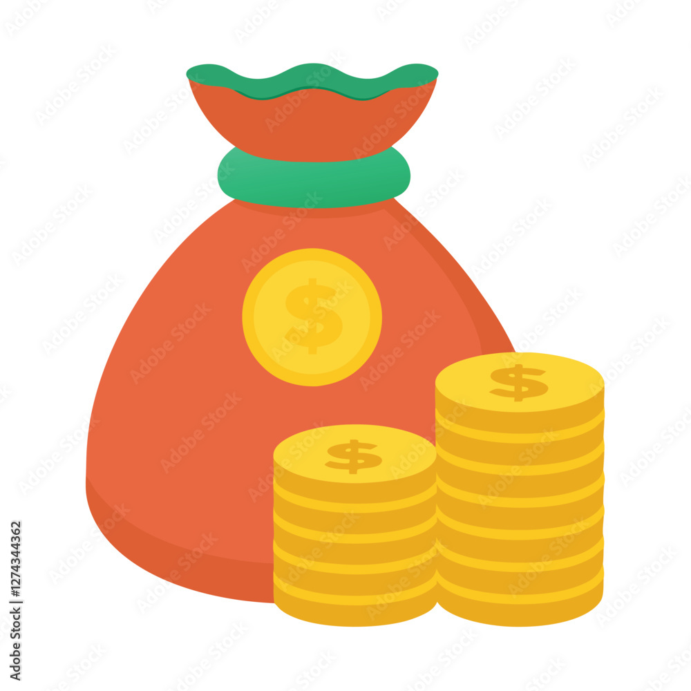 Realistic 3D Money Bag with Stacked Coins ? Vector Illustration ...