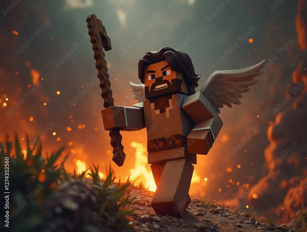 Blocky Angel in Fire: A pixelated angel stands defiantly against a ...
