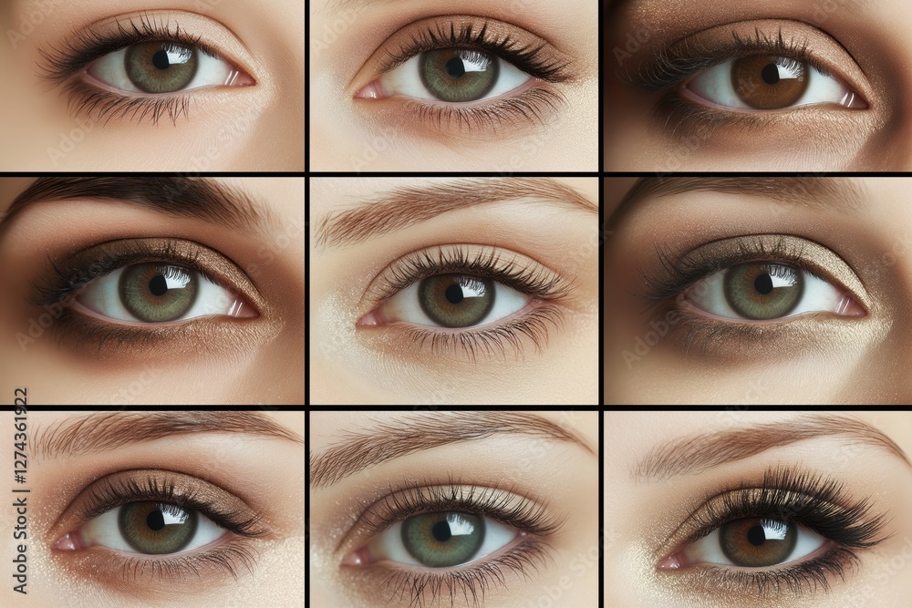Different beautiful eyes with makeup in grid layout. Various shades and ...
