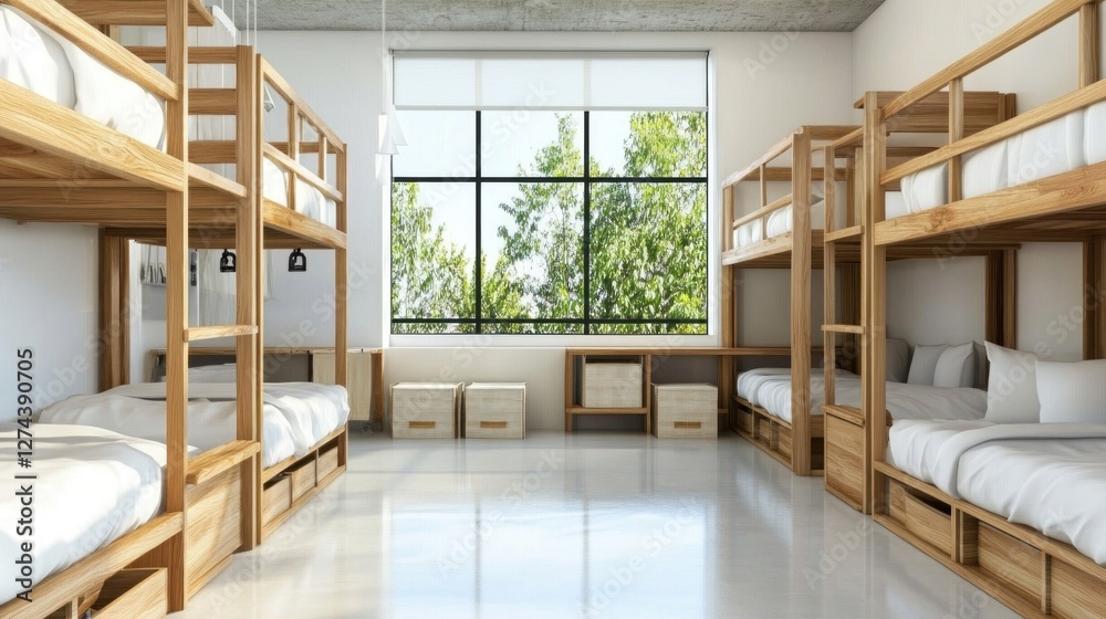 Sleek minimalist-designed hostel room features bunk beds, natural wood ...