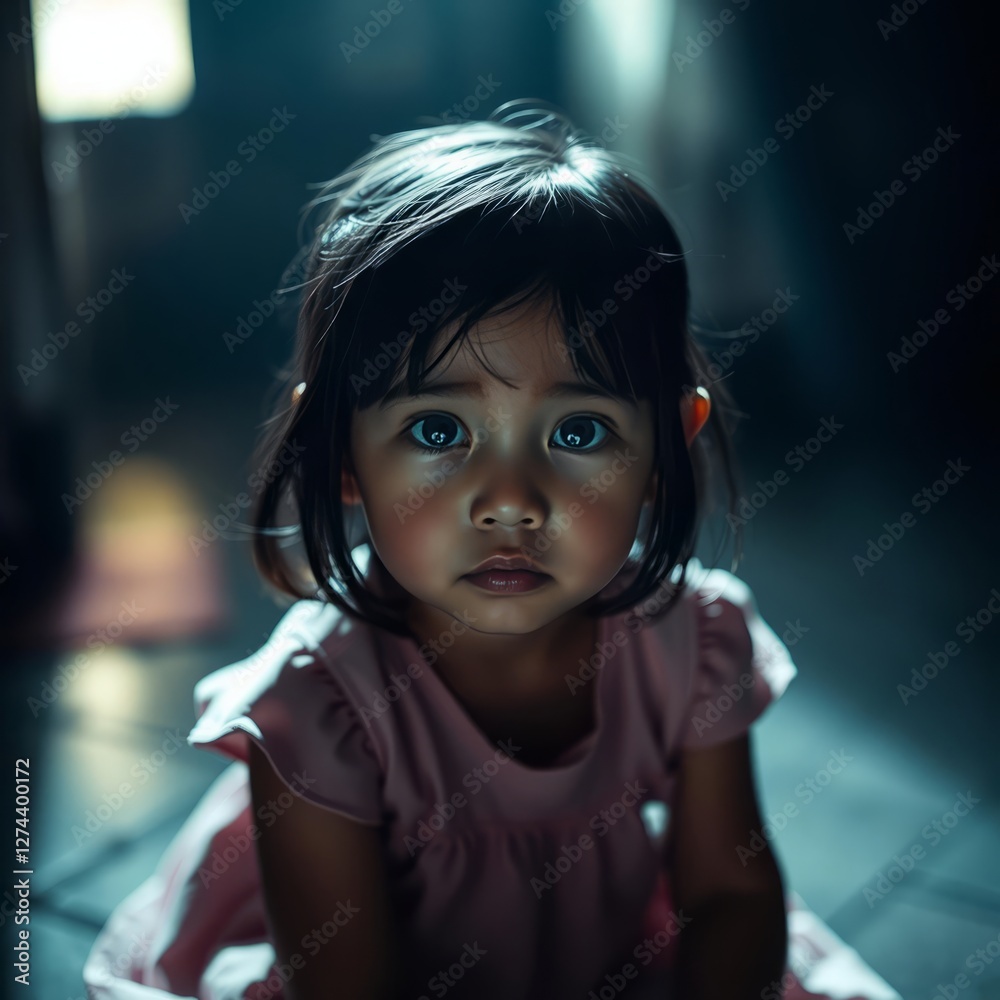 A little girl of east asian descent with big blue eyes is seated East ...