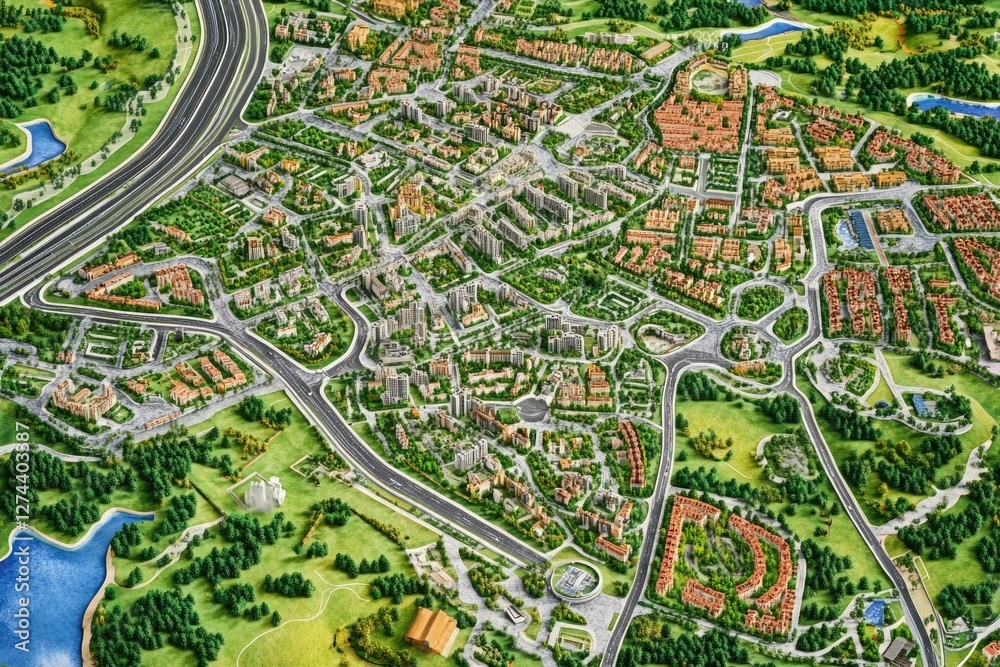 Conceptual Urban Design Plan Showcasing Invented City Layout with Roads ...