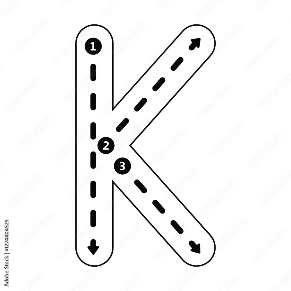 Tracing Alphabet letter K, Uppercase prewriting dotted line element for ...