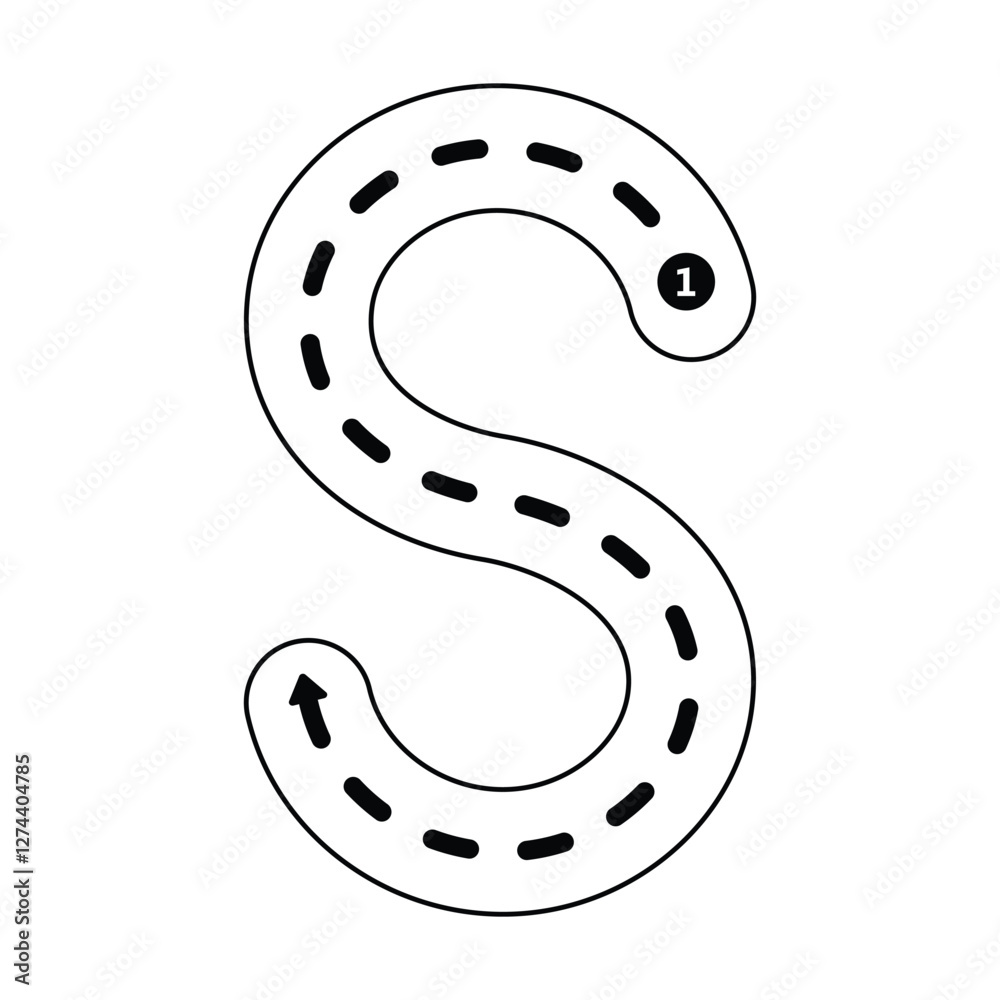Tracing Alphabet letter S, Uppercase prewriting dotted line element for kindergarten, preschool ...