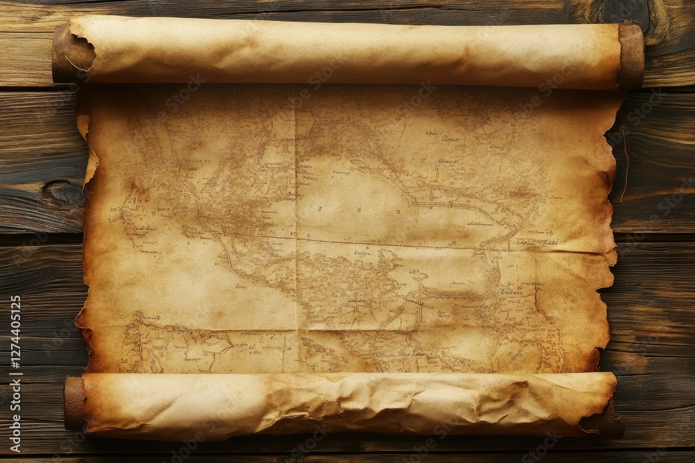 Vintage Parchment Sheet on Weathered Wood: Aged Map Art Displaying Old ...