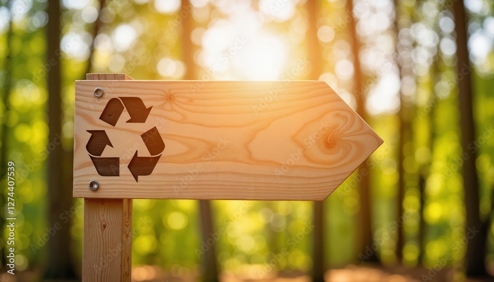 Minimalistic wooden recycling sign in sunlit forest, eco-consciousness ...
