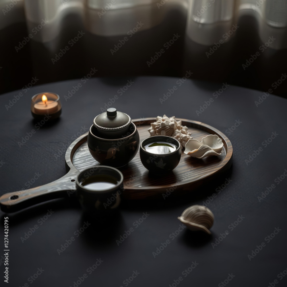 Luxurious matcha tea setup with seashell accents on wooden tray East ...