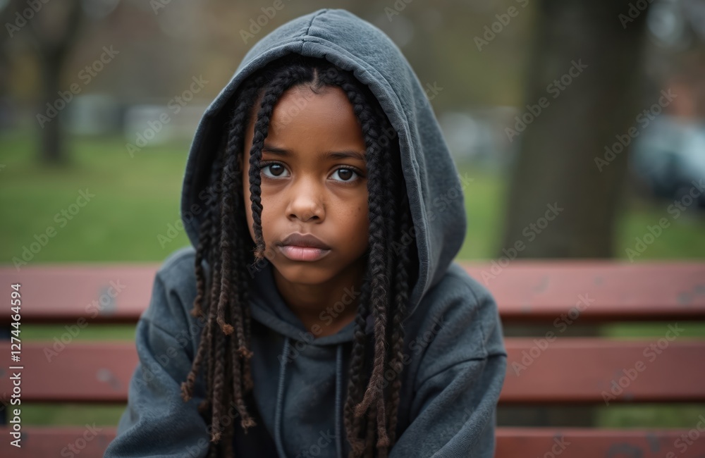 Sad young african american teen girl sitting alone on bench in hoodie ...