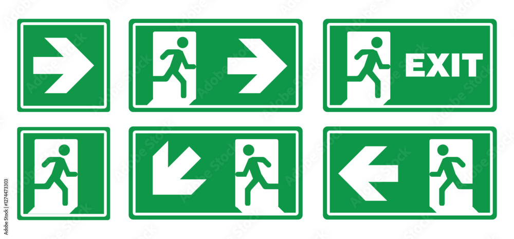 Emergency exit sign set. Man running out fire exit icon. evacuation ...
