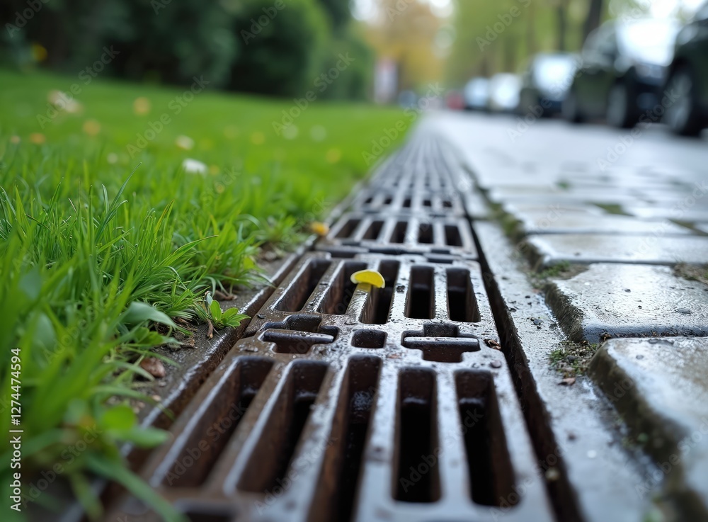 Iron grate drainage system. Storm water runoff from sidewalk next to ...