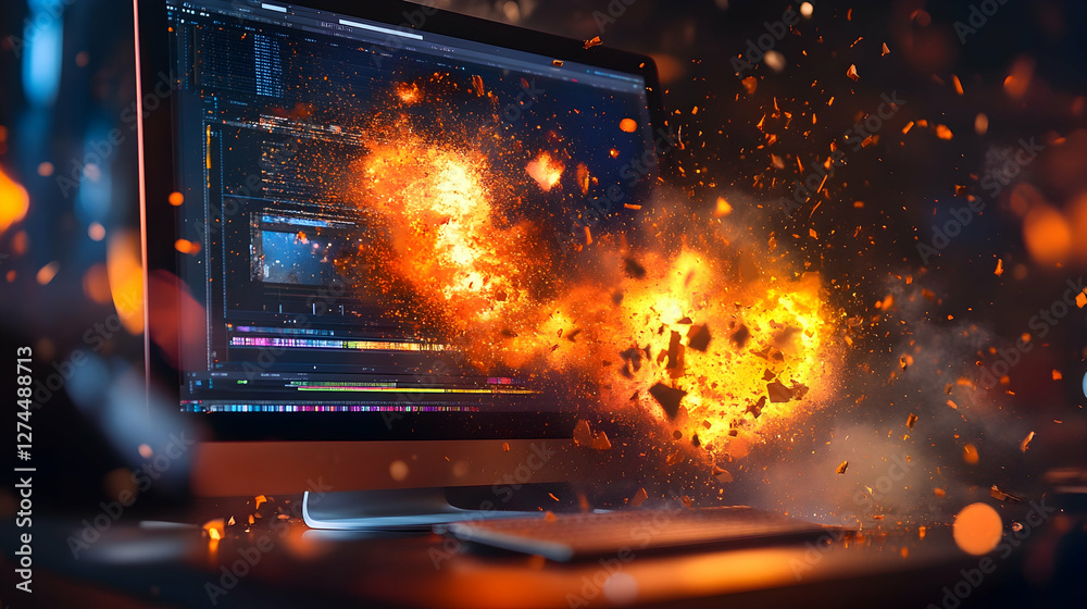 Computer explosion visualizing an online video editing process with ...