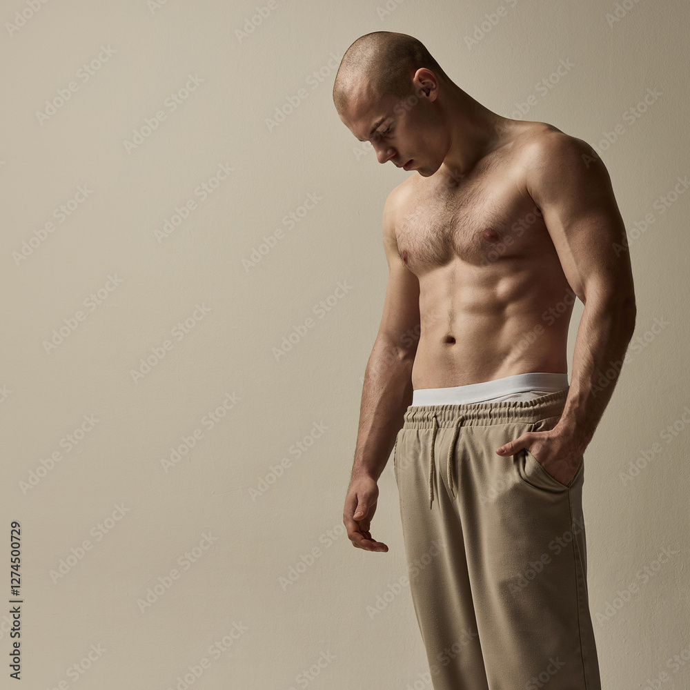 Fit man standing with head tilted down, one hand in pocket, displaying ...