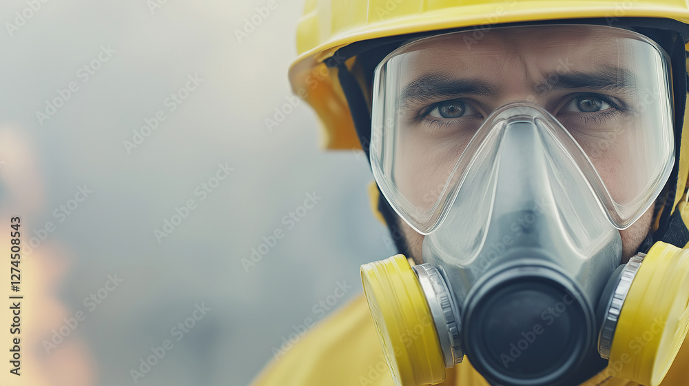 Firefighter wearing protective gear and gas mask standing amid burning ...