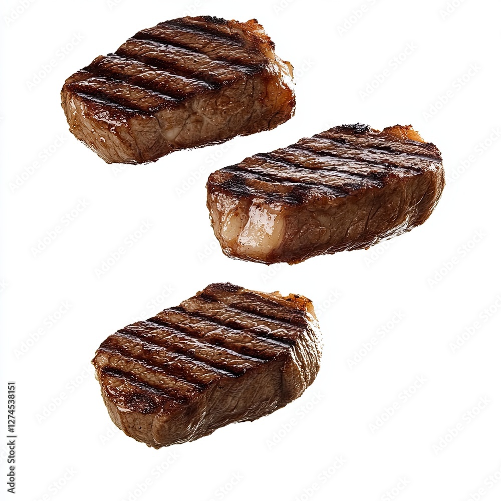 This captures a dramatic scene of grilled beef steaks soaring in mid ...