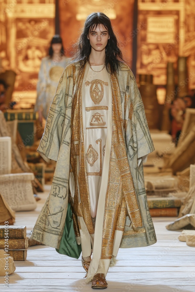 Fashion model wearing ancient egyptian inspired clothing walking on ...