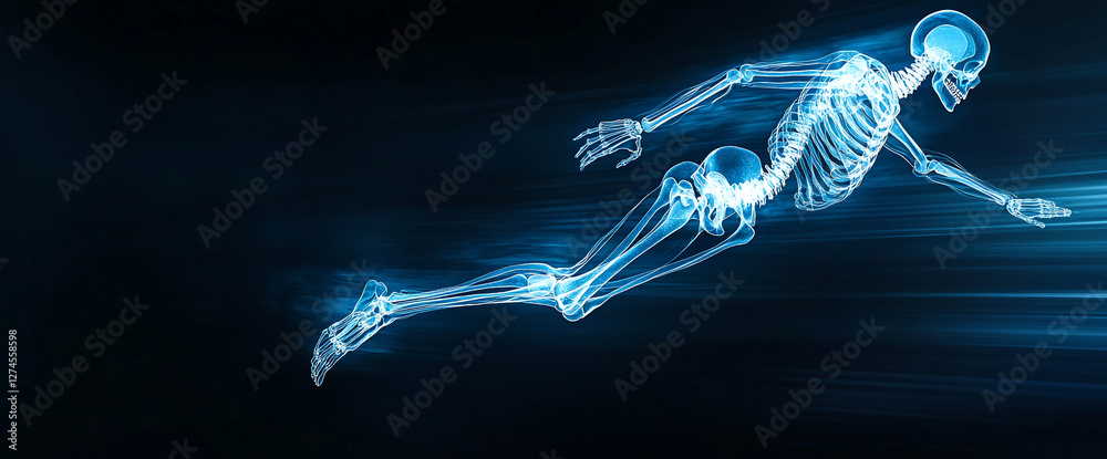 A glowing X-ray of a human skeleton in motion, depicting the figure ...