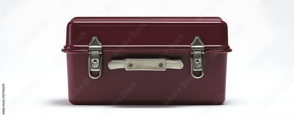 Classic burgundy lunch box with a vintage schoolhouse theme and metal ...