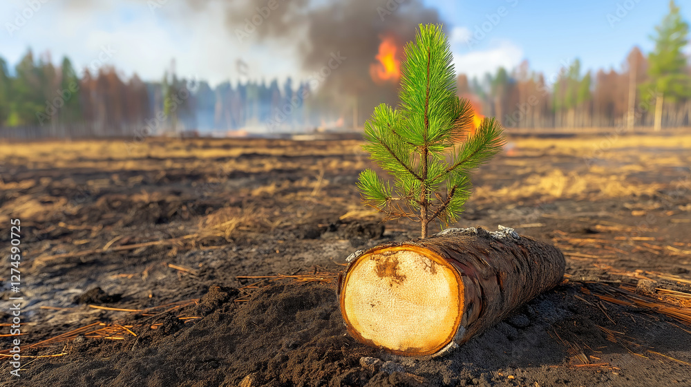 Charred tree trunks rising from scorched forest floor, gray smoke ...