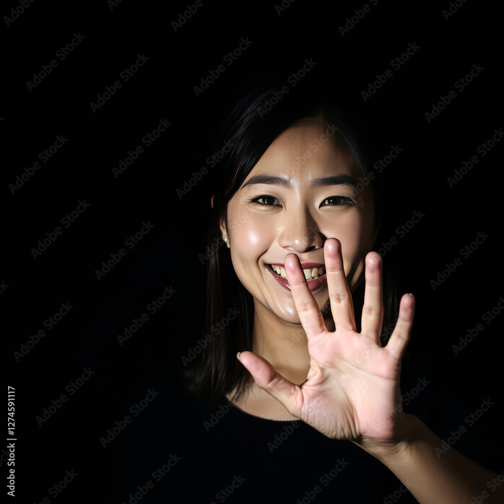 Smiling east asian woman expressing agreement with ok hand gesture ...