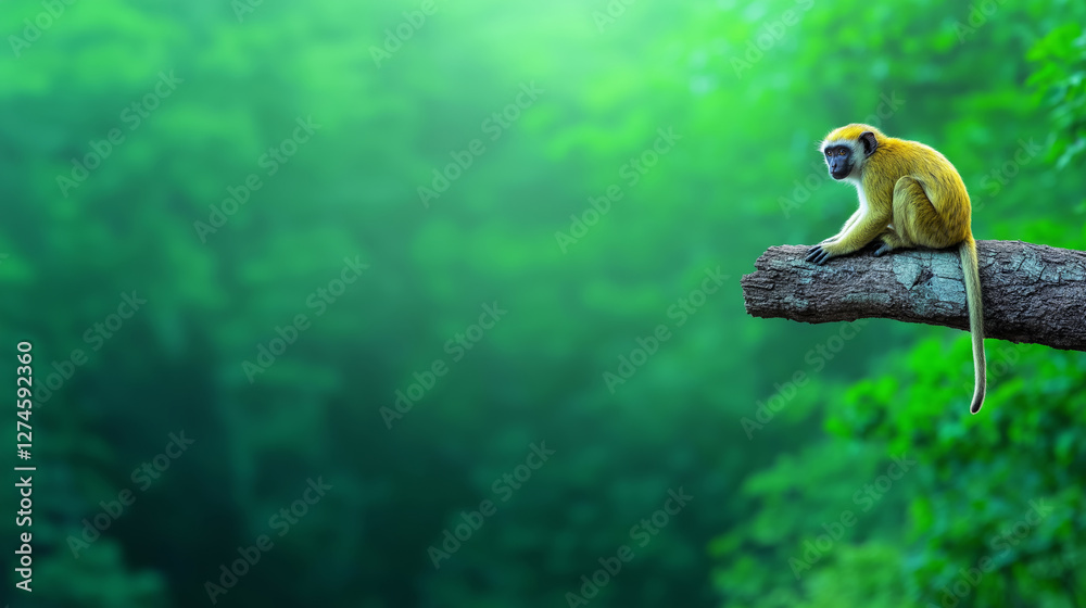 Small monkey sitting on a fallen tree trunk, observing the rainforest ...