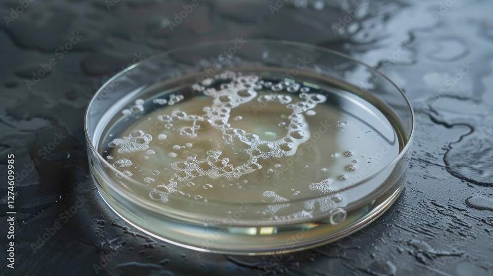 A Petri dish featuring a clear agar surface contains a large circular ...