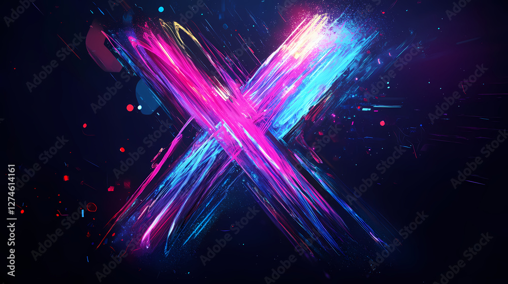 Colorful neon x symbol in cyberpunk style with glowing outline and lens ...