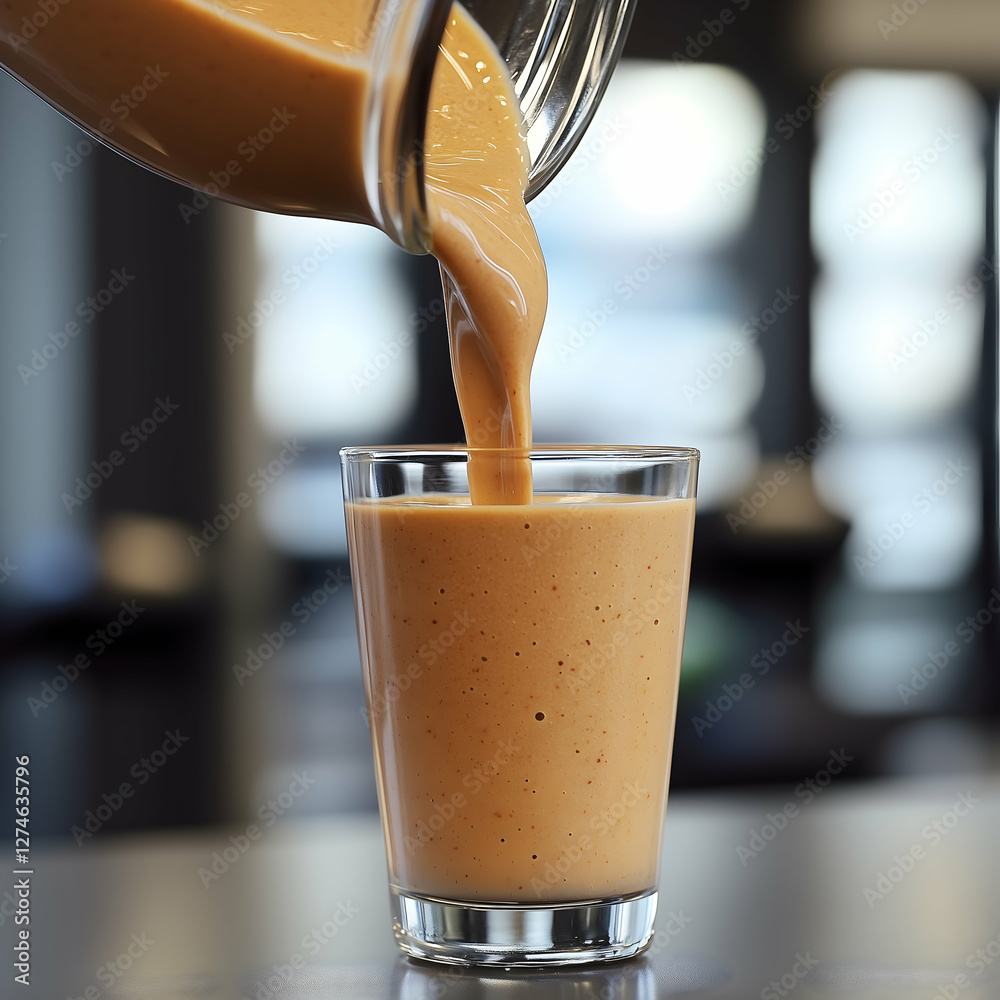 Smooth, creamy beverage pouring into a glass in bright cafe setting ...