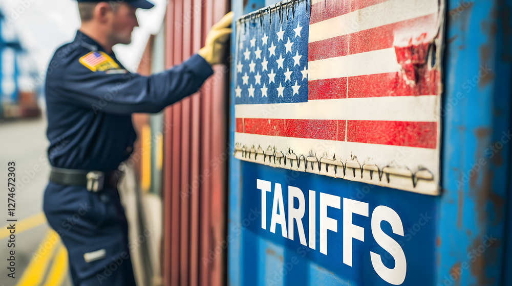 Customs officer conducting inspection of cargo container marked with ...