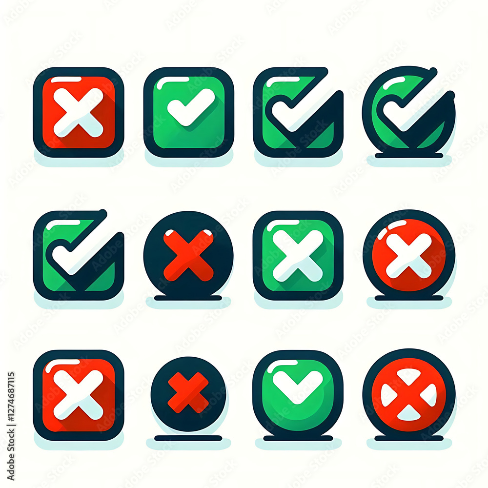 Check mark icon button set. Check box icon with right and wrong buttons and yes or no checkmark ...