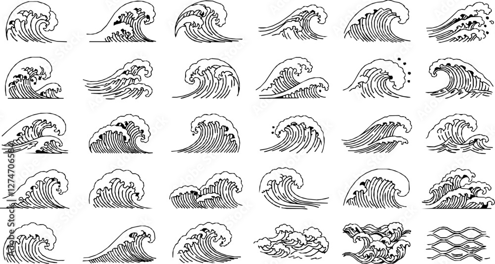 Asian japanese or chinese sea waves, vector oriental art. Vintage asian ...