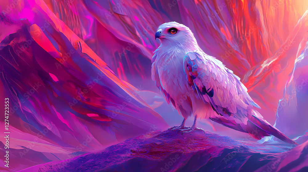Psychedelic desert oasis - close-up bird of prey, angel, and alien in a ...