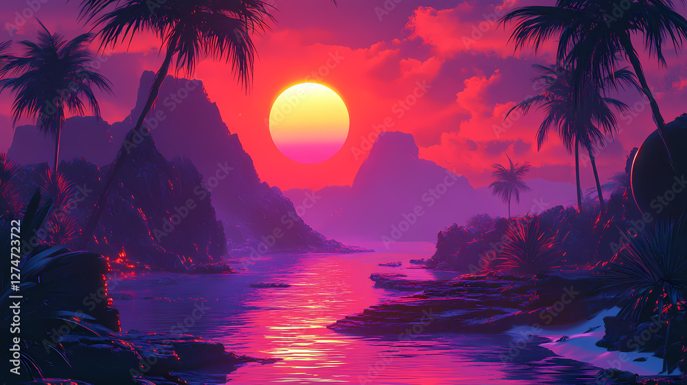 Psychedelic desert oasis - retro-futuristic neon vaporwave aesthetics ...