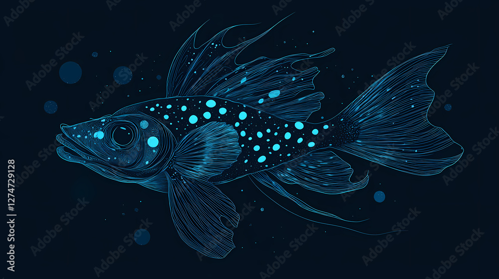 Line art illustration of a deep sea predatory fish featuring ...