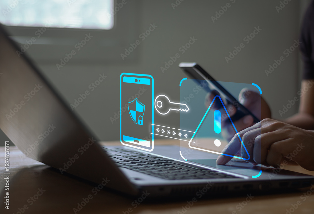 Cyber crime and cyber security alert warning concept. Hand using laptop and smartphone with 2 ...