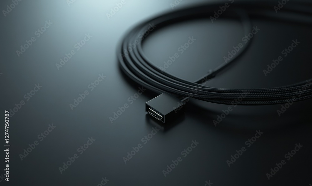 Black USB cable lying neatly on a clean bright surface, close-up view ...