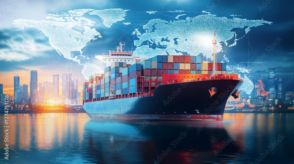 Cargo ship at a port with digital data overlay and global map ...
