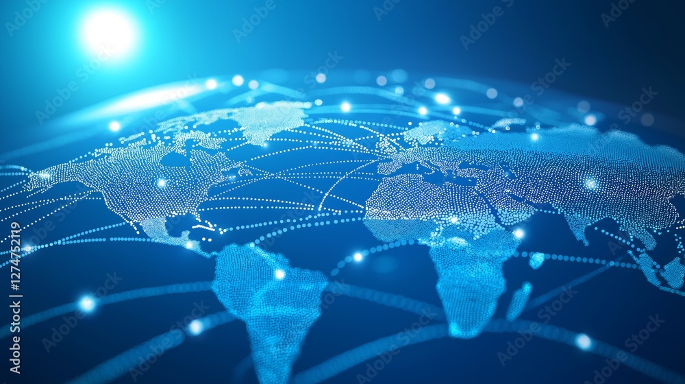 Global network visualization with glowing data streams connecting different regions ...