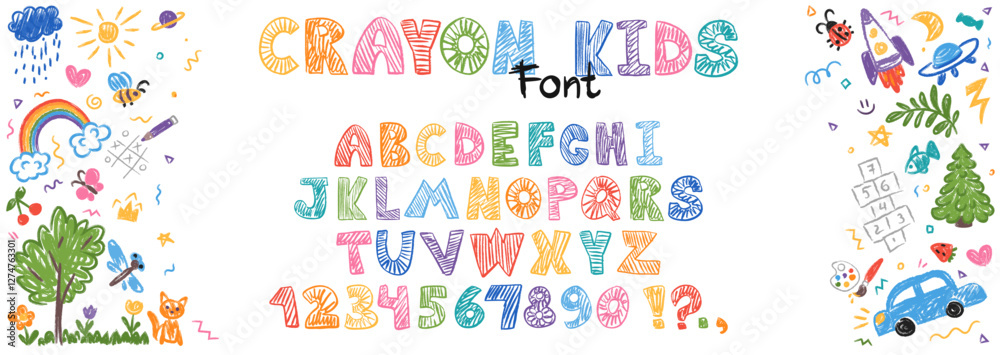 Crayon kids font, doodle funny playful alphabet, hand drawn letters and ...