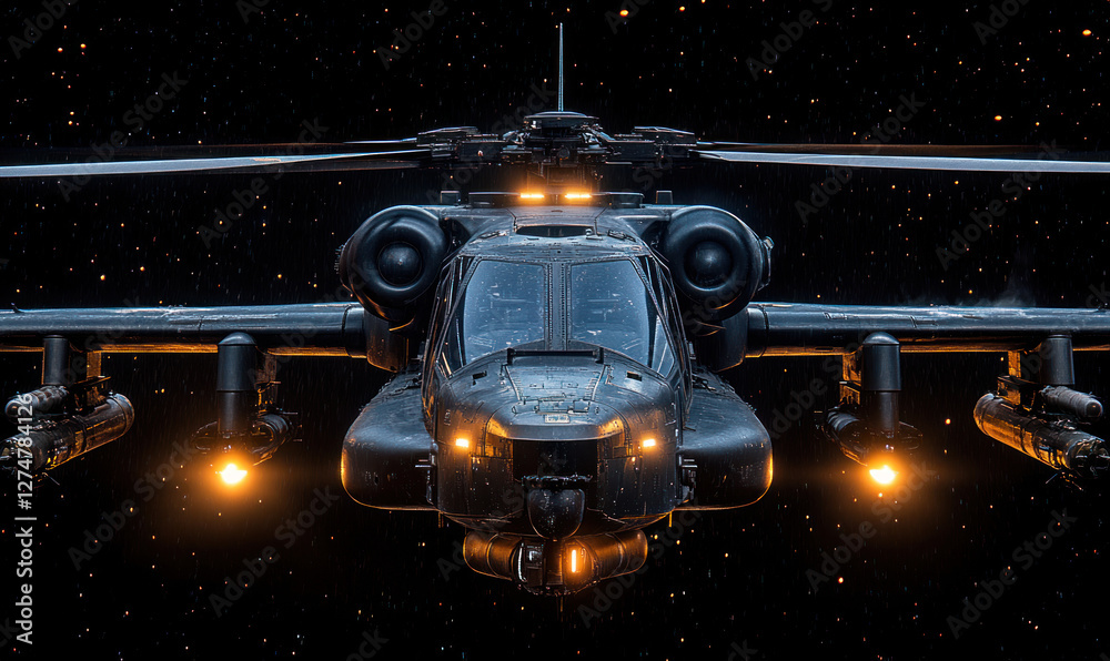 a combat helicopter in the night sky. The helicopter has a dark paint ...
