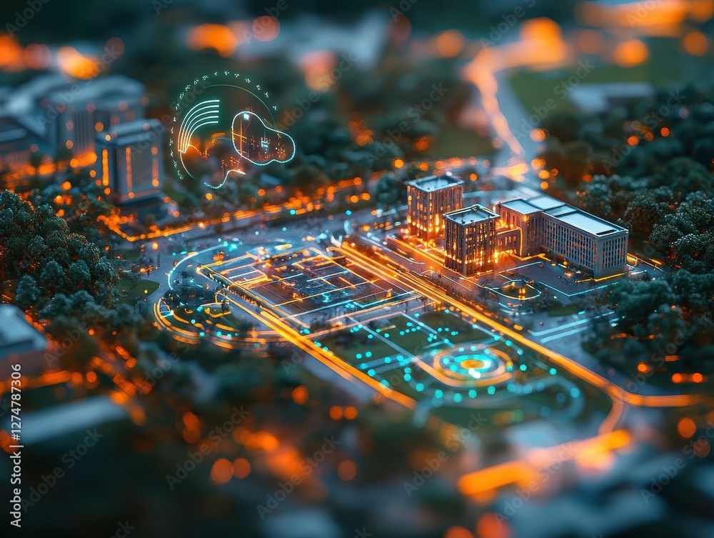 College campus life photography with glowing AR campus map hovering ...