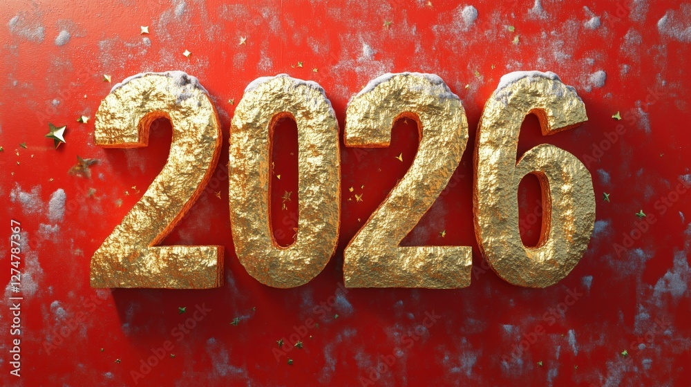 Golden 2026 numbers with grunge texture on red background. Gold number ...