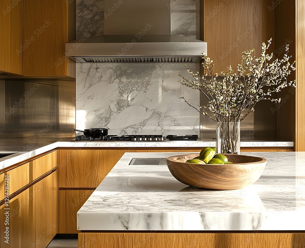 Marble countertops and cabinets with light wood-grain door panels ...