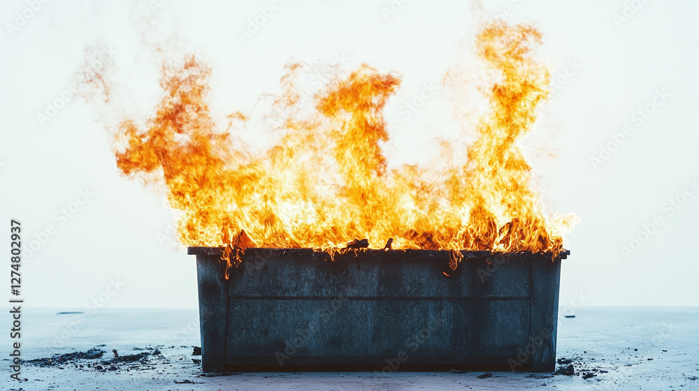 burning dumpster with flames and smoke rising, symbolizing ...