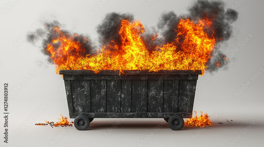 burning dumpster with flames and smoke rising, symbolizing ...